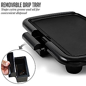 Ovente Electric Indoor Griddle 16 x 10 Inch with Easy Clean Non-Stick Plate and Removable Oil Drip Tray, 1200W Adjustable Temperature Control Perfect for Cooking Pancakes Burgers Eggs, Black GD1610B