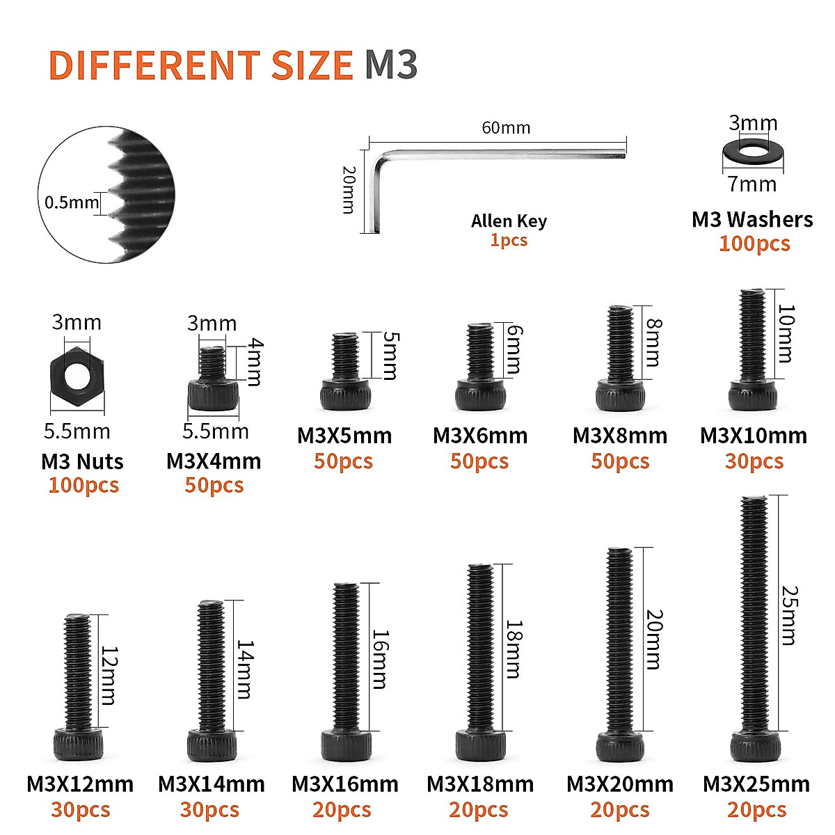 NIULUNBAO 570PCS M3 x 4/5/6/8/10/12/14/16/18/20/25mm Hex Socket Head Cap Screws Bolts and Nuts Flat Washers Assortment Kit, 12.9 Grade Alloy Steel, Black Oxide Finish, Metric Machine Allen Hex Drive