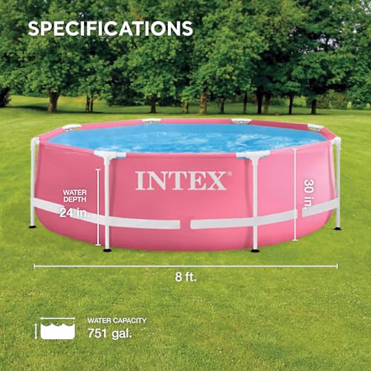 Intex 28290EH 8 Feet by 30 Inches Easy to Assemble Large Round Metal Frame Above Ground Swimming Pool with Dual Suction Outlet Fittings, Pink