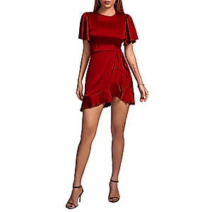LYANER Women's Satin Wrap Front Ruffle Hem Short Sleeve Crewneck A Line Mini Short Dress Wine Red Medium