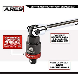 ARES 36004-3/8-Inch Drive Ratcheting Breaker Bar Adapter - Converts Breaker Bar or Sliding T-Handle into Ratchet - Reversible Ratcheting Mechanism with Anodized Switch Collar