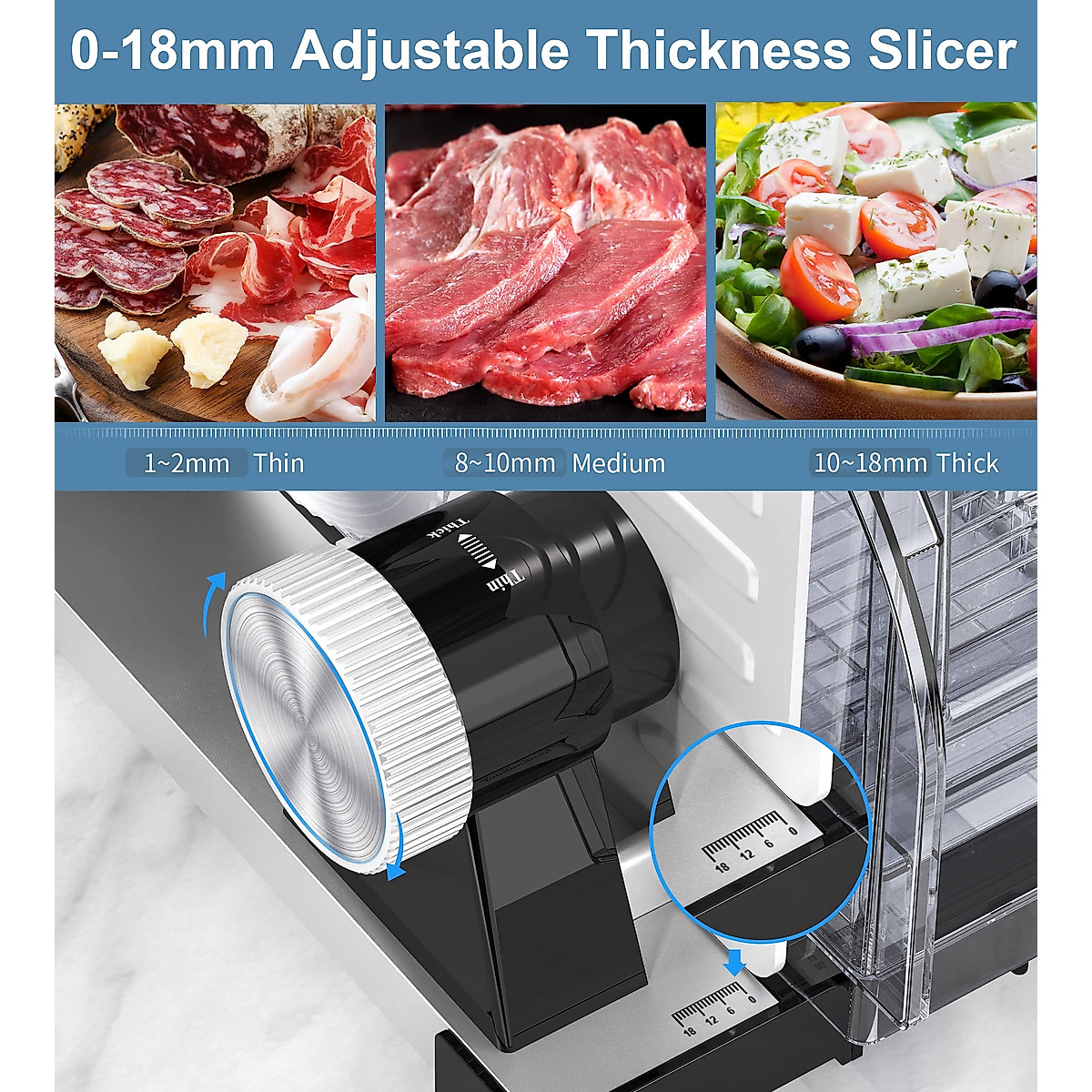 Meat Slicer, Electric Deli Meat Slicer for Home Facelle, 0-18mm Adjustable Thickness Electric Food Slicer Machine with Removable Stainless Steel Blades, Foldable and easy to store