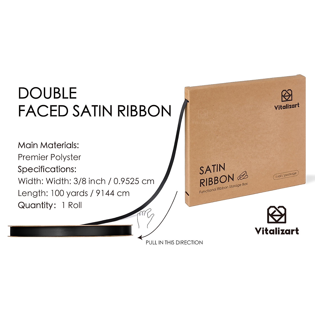 Vitalizart Black Ribbon for Gift Wrapping 3/8" x 100Yd Double Face Continuous Functional Satin Ribbon for Crafts Silk Like Fabric Flower Bouquet Birthday Party Decorations Bridal Shower Wreath Hair