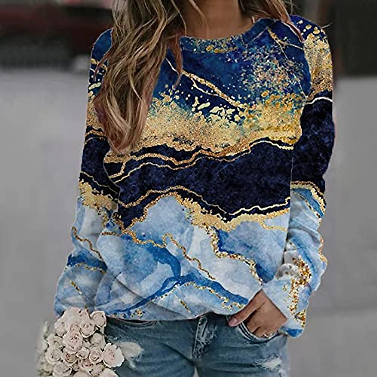 Winnerlion Long Sleeve Sweatershirts for Women Geometry Print Round Neck Stitching Sweatershirt Pullover Tops (Blue A, XXXL)