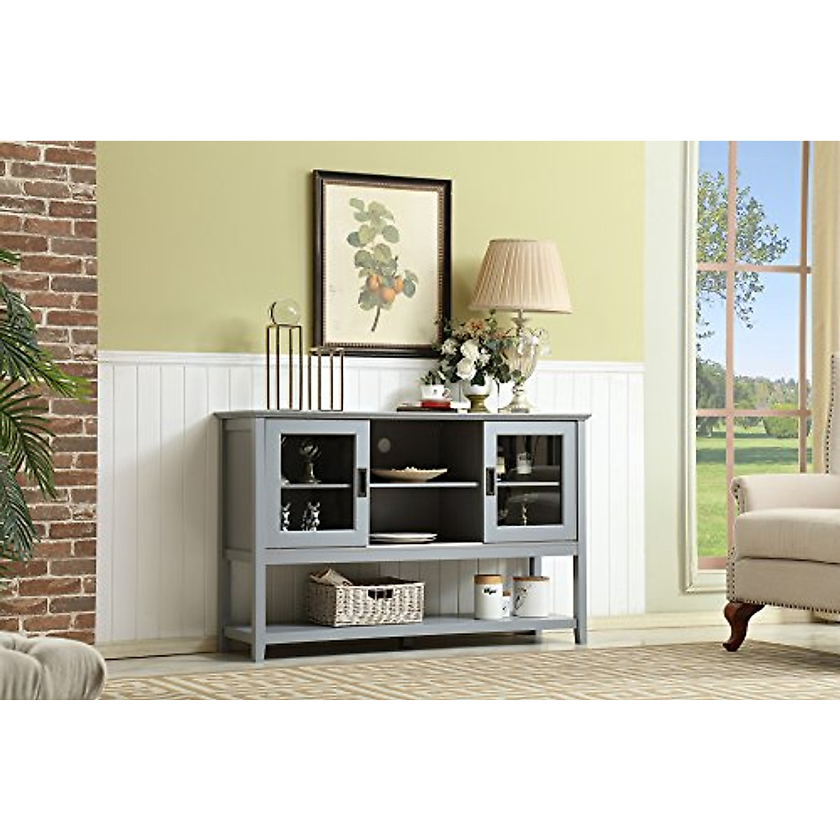 Mixcept 55" Modern and Contemporary Sideboard Buffet Cabinet Wood Console Table Storage Cabinet with Sliding Doors Kitchen Dining Room Furniture, Gray