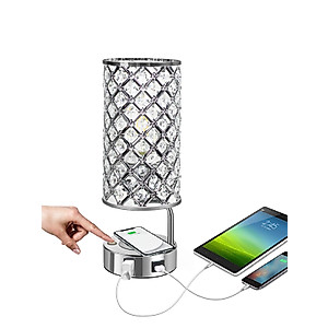 Touch Control Crystal Table Lamp, 3 Way Dimmable Wireless Charging Table Lamp, USB Bedside Light with Crystal Shade, Modern Nightstand Lamps for Bedroom Living Room (Bulb Included) (Silver)