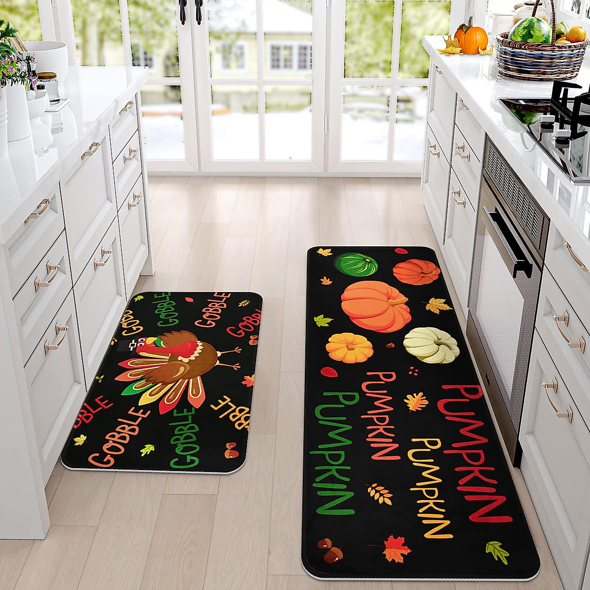 ASPMIZ Thanksgiving Fall Kitchen Mats Set of 2, Fall Pumpkin Kitchen Mats for Floor, Washable Turkey Kitchen Runner Rug with Non Slip Rubber Backing, Fall Rugs Indoor Decor, 18'' x 30'' + 18'' x 48''