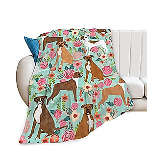 Boxer Dog Flowers Florals Blanket Soft Fleece Throw Blanket Cozy Fuzzy Warm Flannel Blankets for Women Men for Couch Bed Sofa All Season Gift
