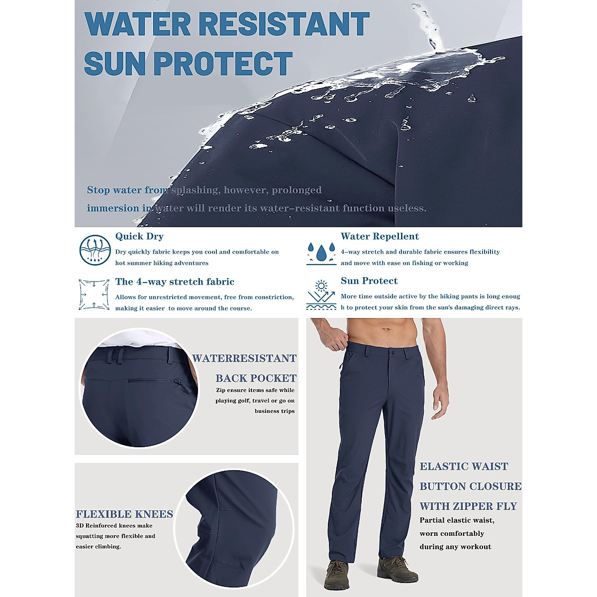 TACVASEN Men's Navy Blue Pants Hiking Pants Water Resistant Golf Pants Stretch Waist Quick Dry Travel Pants Lightweight Work Pants with Zipper Pocket