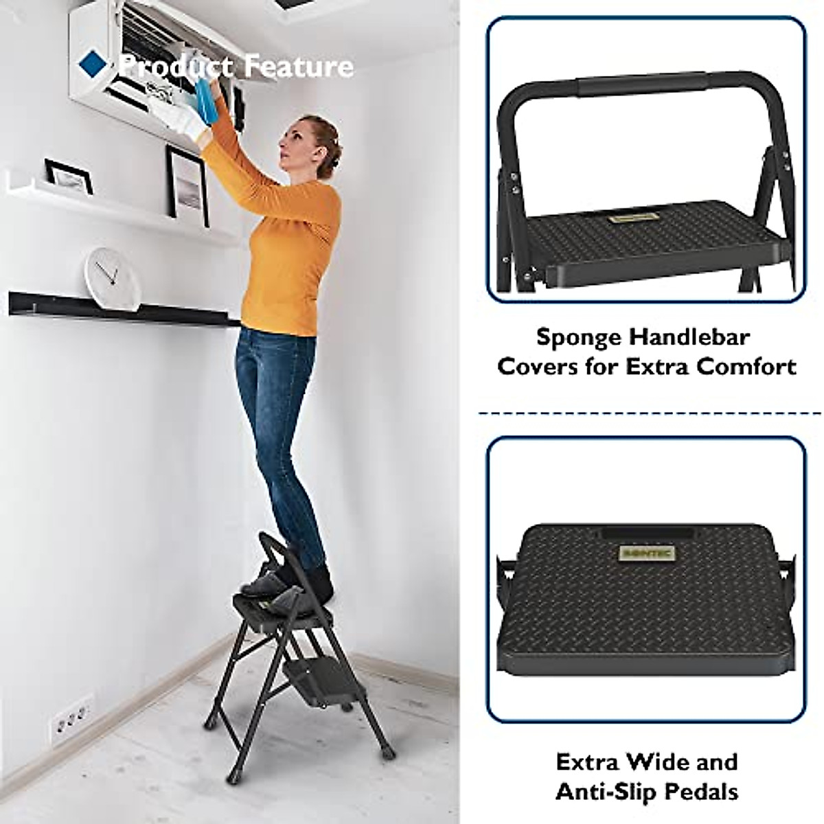 BONTEC 2-Step Ladder, Folding Step Stools for Adults with Wide Anti-Slip Pedals, Max Load Capacity 600lbs Sturdy Steel Ladder, Lightweight, Convenient Handle, Portable Steel Step Stool, Black