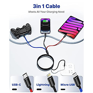 Multi Charging Cable, Multi Charger Cable Nylon Braided 3 in 1 Charging Cable Multi USB Cable Fast Charging Cord with Type-C, Micro USB and IP Port, Compatible with Most Phones & iPads (2 Pack 4FT)
