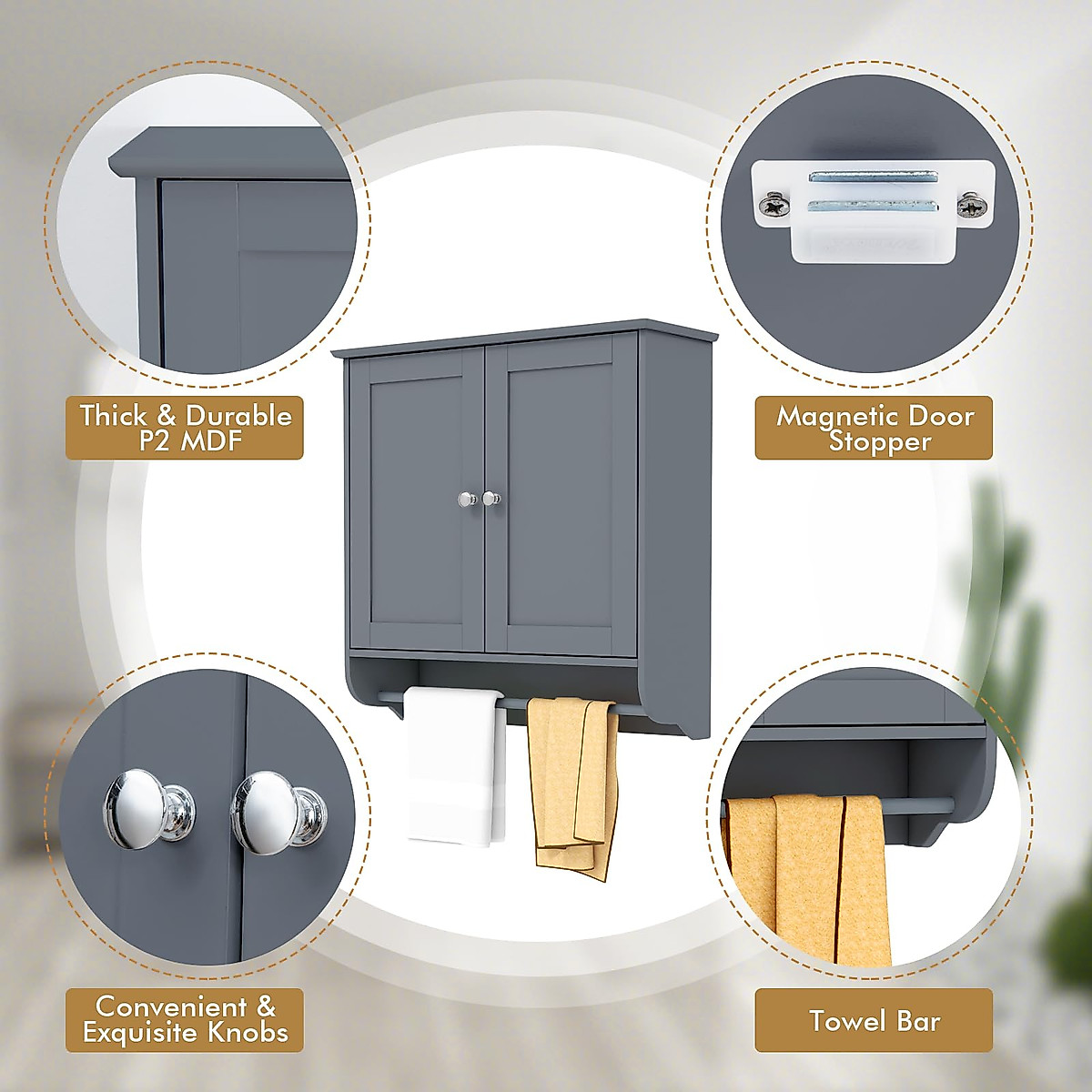 Tangkula Bathroom Cabinet Wall Mounted, Bathroom Medicine Cabinet with Bar&Double Door&Adjustable Shelf, Over The Toilet Storage Cabinet, Hanging Cabinet for Bathroom Laundry Kitchen (Gray)