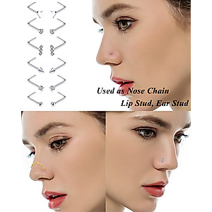 Tornito Nose Chain Piercing Across Double Nose Stud Chain CZ Heart Ball L Shaped Nose Chain 4.2CM Nostril Piercing Jewelry for Women Men 20G Silver Tone