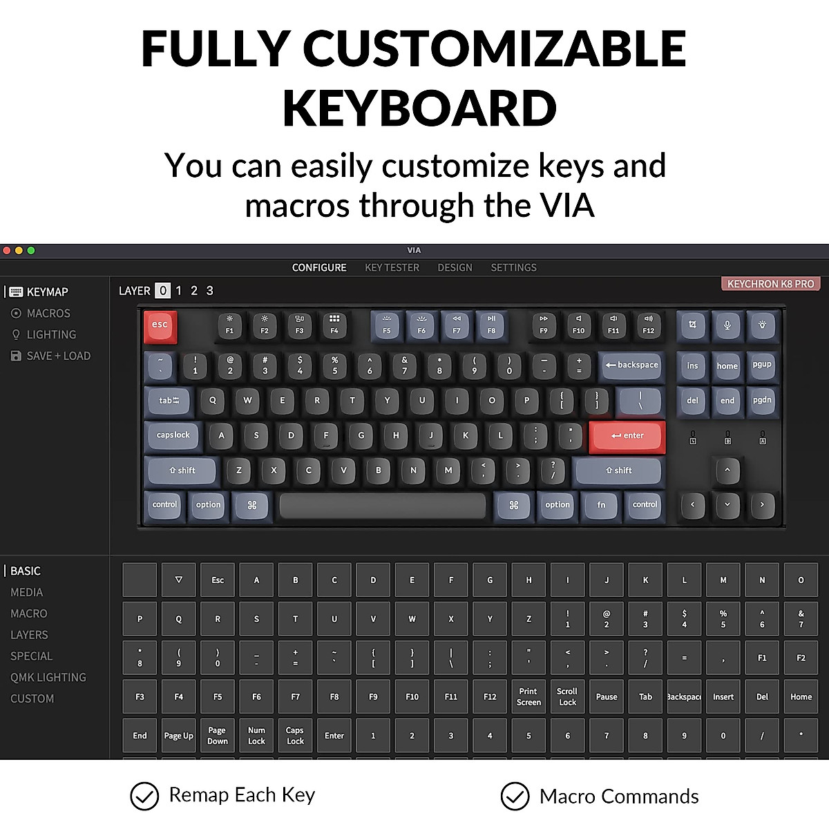 Keychron K8 Pro Wireless Custom Mechanical Keyboard, QMK/VIA Programmable Bluetooth/Wired RGB Backlight Tenkeyless with Hot-swappable Gateron G Pro Red Switch Compatible with Mac Windows Linux