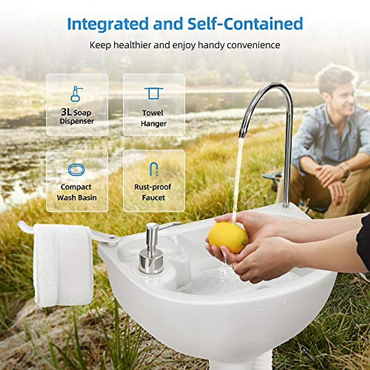 YITAHOME Portable Sink and Toilet, 17 L Hand Washing Station & 5.3 Gallon Flush Potty,for Outdoor,Camping, RV, Boat, Camper, Travel,Grey white