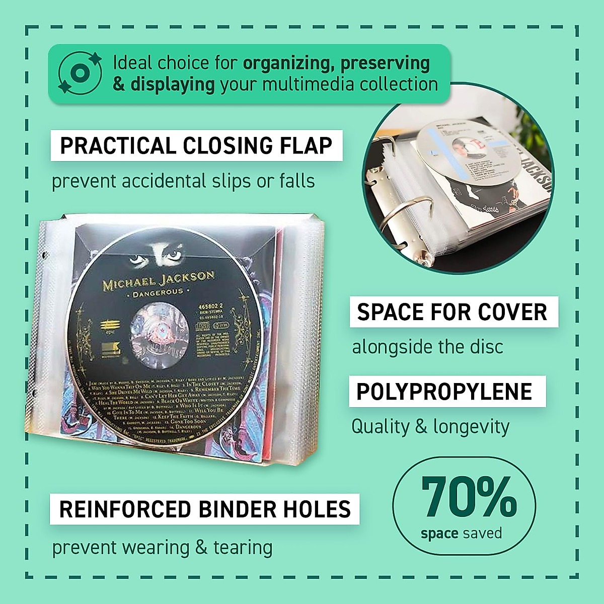 Tarifold DJOIS CD Sleeves - Durable CD Storage & Protection - 120 Micron Orange Peel Polypropylene - 100 Unit Capacity - Binder Holes - Closing Flap - Space for Cover - Made in Denmark