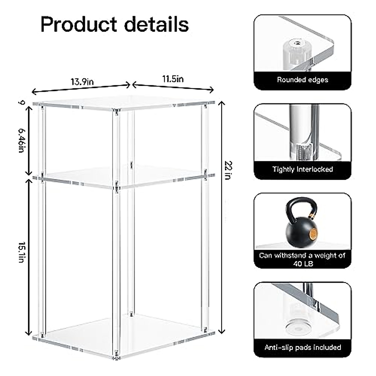 Cuguords Clear Acrylic Side Table for Small Spaces, Acrylic Nightstand for Bedroom Set of 2, 3 Tire Coffee/End Table for Living Room, Bedside Table, Acrylic Furniture 13.9" L X 11.5" W X 22"