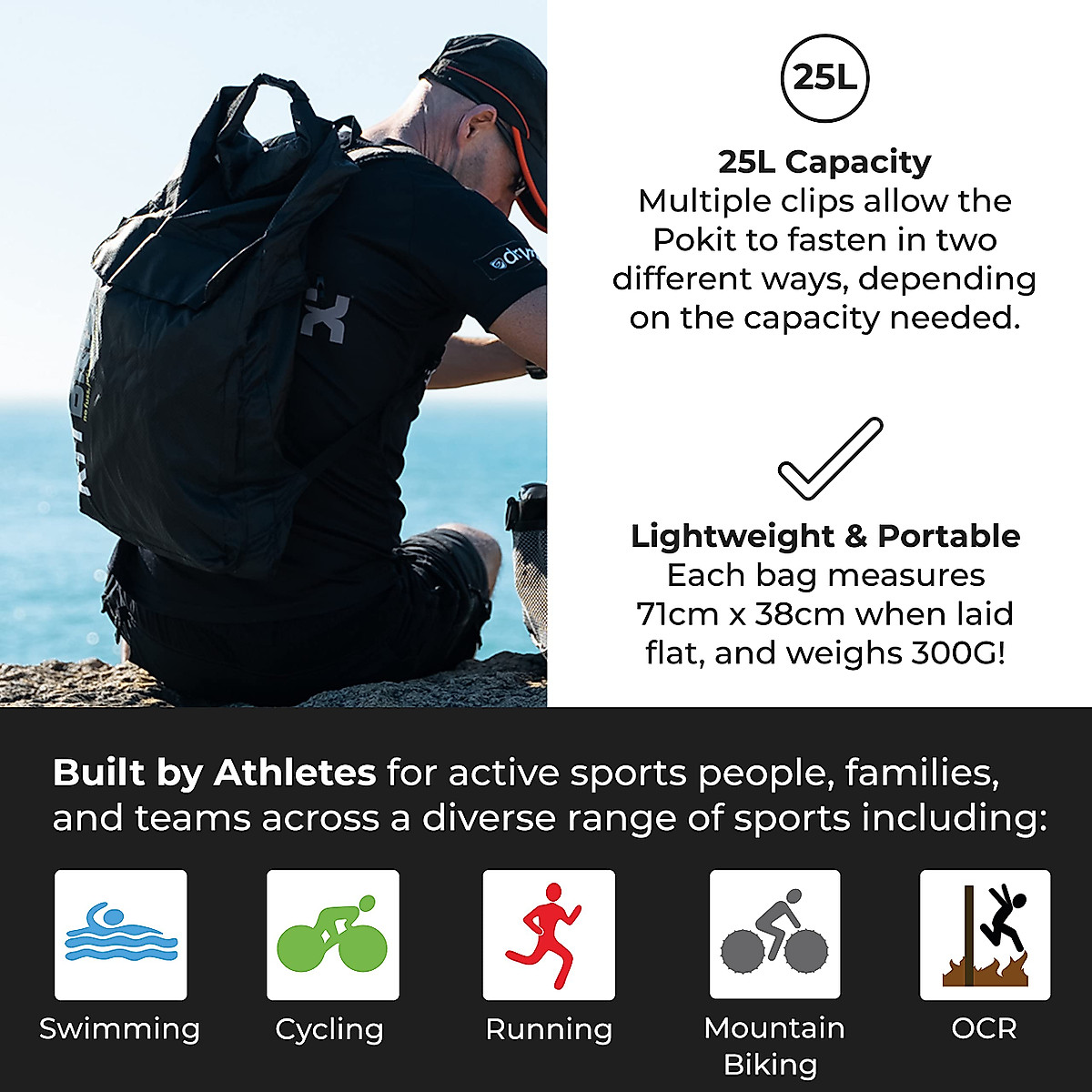 KitBrix POKIT Day Pack Travel Backpack - Swim & Gym Bag for Sports, Outdoors, Football, Rugby, Soccer, Swimming, Hiking, Camping, P.E Kits - Foldable Waterproof Rucksack 25L - Black