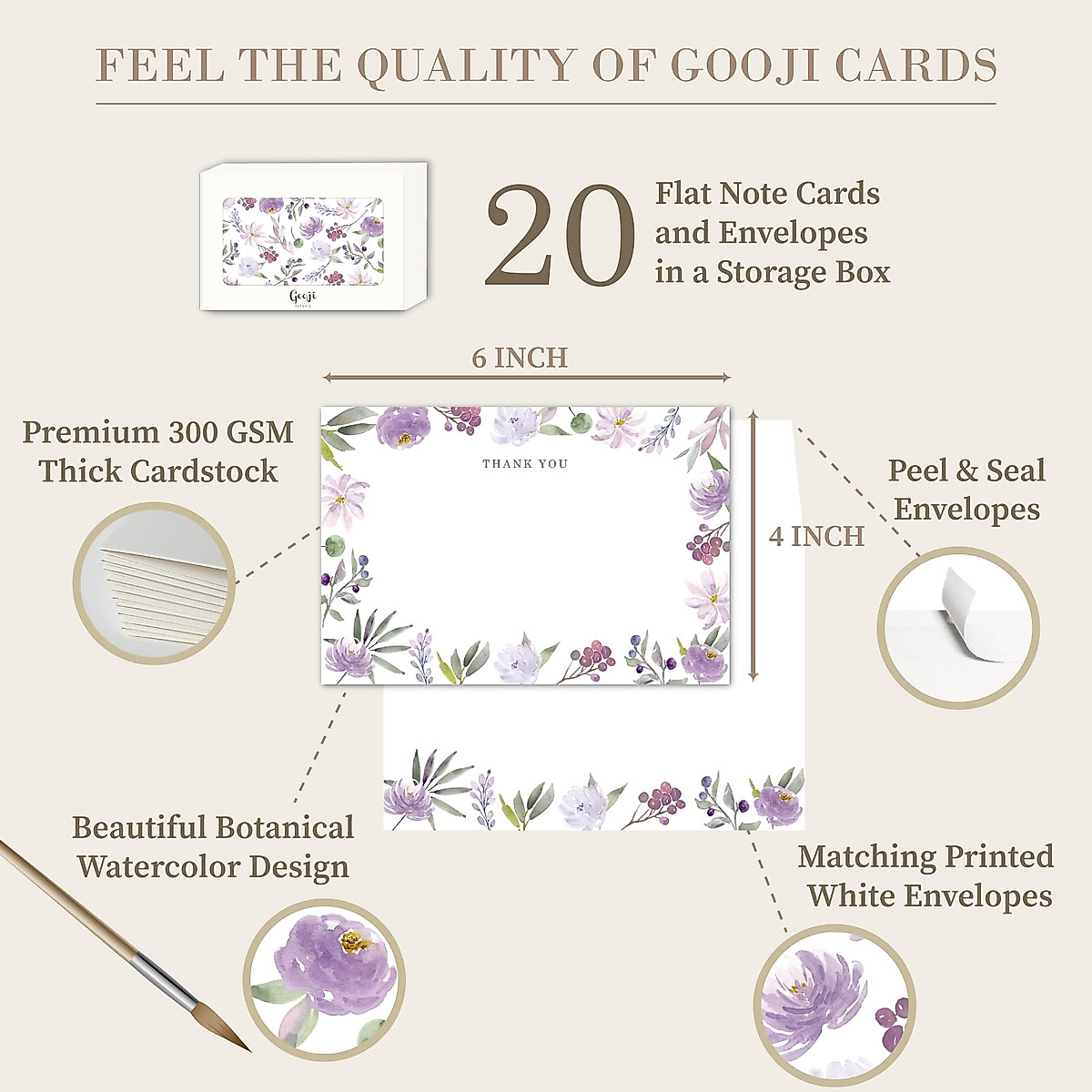 Gooji 4x6 Purple Floral Thank You Cards with Envelopes 20 Pack, Floral Blank Note Cards with Envelopes, Purple Thank You Cards, Tea Party Thank You, Thank You for Your Hospitality