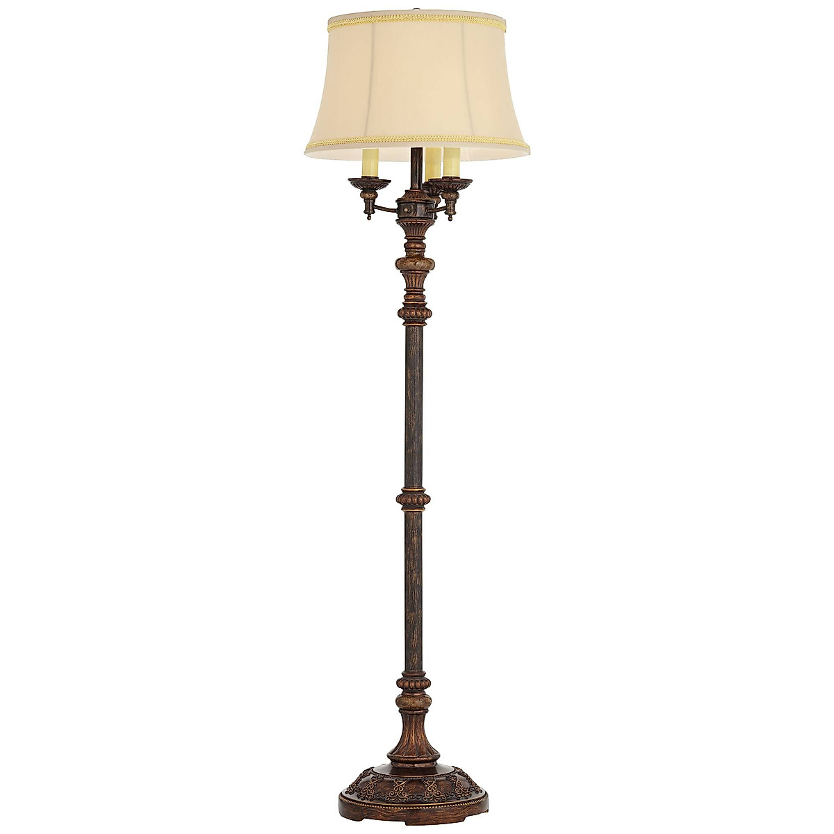 Barnes and Ivy Traditional Italian Standing Floor Lamp Candelabra Style 4-Light 64.5" Tall Bronze Brown Gold Bell Shade with Trim Decor for Living Room Reading House Bedroom Family Home