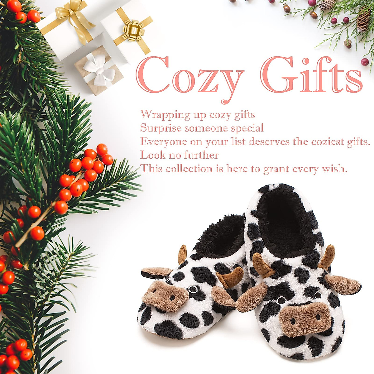 The Metluks Cute Animal House Slippers for Teens Girls Boys Adult Women Indoor, Warm Fuzzy Bedroom Sock Shoes with Grippers Non slip, Cozy Funny Christmas Gifts Cow Kids Size 4-6