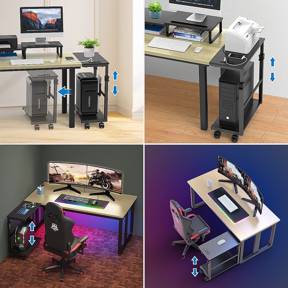AQQEF Computer Tower Stand Stepless Height Adjustable Computer Tower Cart and PC Stand with Socket and USB Charging Port, Under Desk CPU Stand - 2 Tier