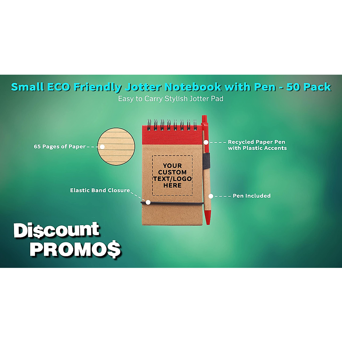 DISCOUNT PROMOS 50 ECO Jotters with Pen Set - Customizable Text, Logo - Recycled Paper, 3 x 5 inches, Minimalist, Handy - Red