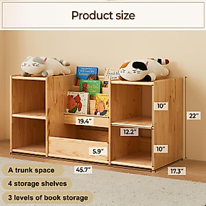 F3C | Montessori Bookshelf and Toy Storage | 3-Section Kids Bookshelf for Organizing Books | 2-Shelf Toy Organizers and Storage Cabinet | Natural Wood Bookcase with Storage | Kids Organizer
