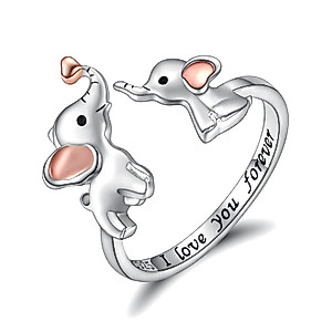 Silver Mom Daughter Elephant Ring - 925 Adjustable Love Heart Finger Rings Jewelry Gifts for Women Wife Mom Nana Daughter