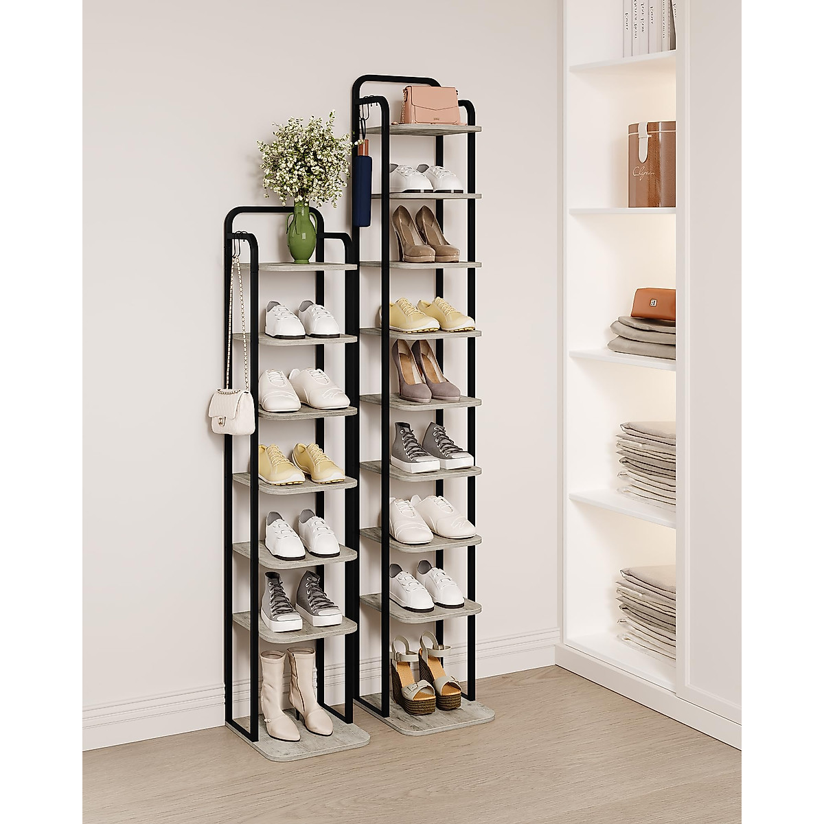 Hzuaneri Vertical Shoe Rack, Shoe Shelves, Wood Shoe Organizer for Closet, Entryway, Shoe Tower for Small Spaces, Free Standing, Adjustable, with 2 Hooks, 7 Tier Greige SR20205B