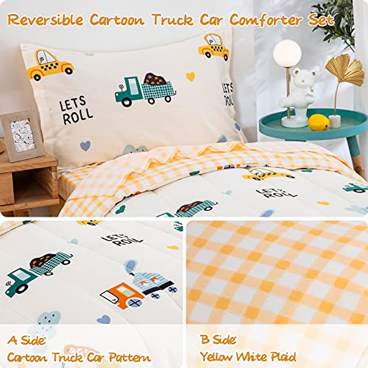 Drucon Cartoon Truck Toddler Comforter Set 4pcs Cotton Bedding Soft Reversible Bedding Set for All Season (1 Comforter,1 Flat Sheet, 1 Fitted Sheet and 1 Pillowcase)