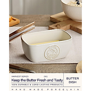 Getstar Ceramic Butter Dish with Acacia Lid for Countertop, Silicone Sealing, Farmhouse Kitchen Counter Decor, Large Butter Keeper Container (6.5”x4”)