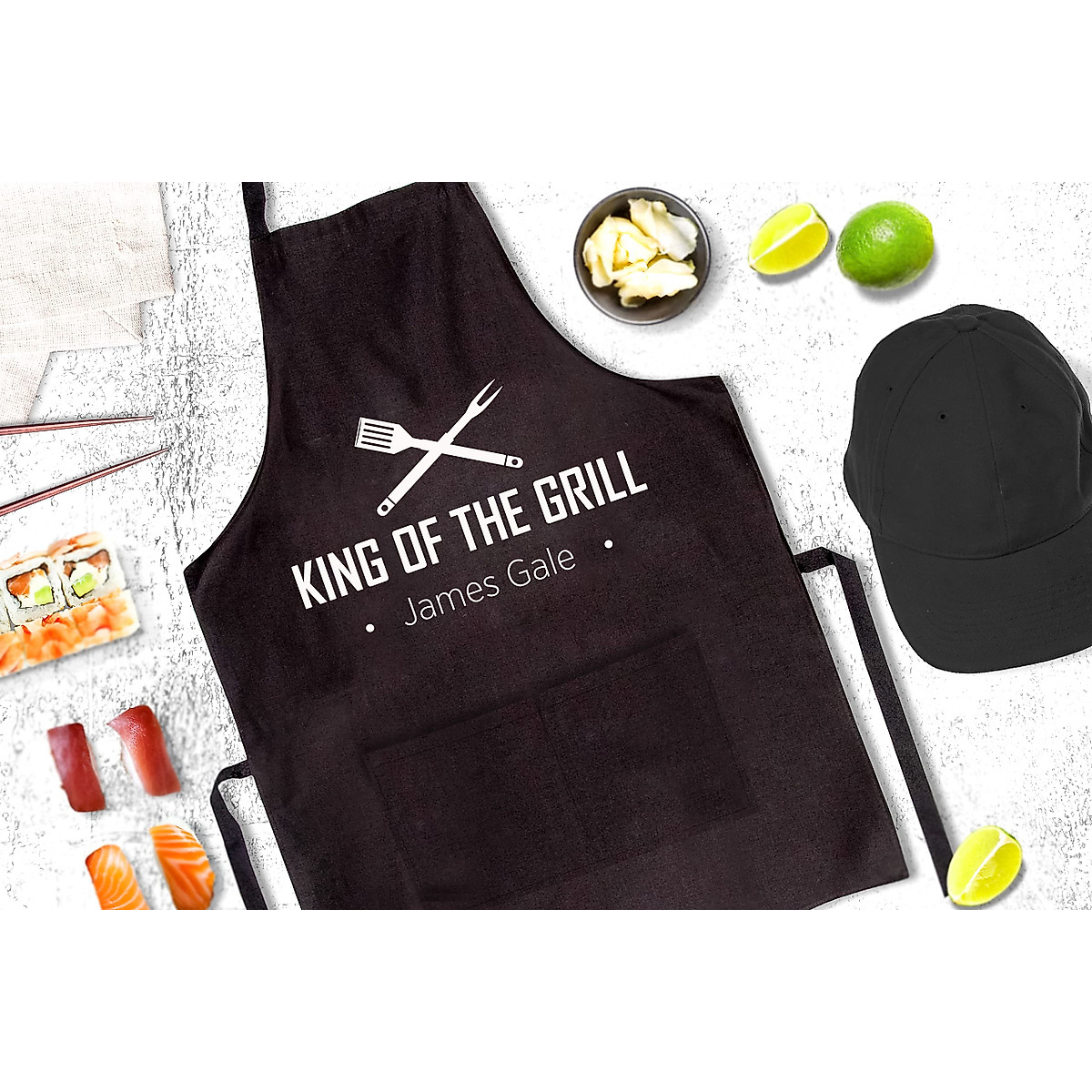 King of the Grill, Cutting Board, Personalized Cutting Boards for Men and Dad, Fathers Day, Dad's Birthday, Christmas Gift, Custom Cooking Gift, BBQ Gifts, Kitchen Gift, With Apron and Display Stand