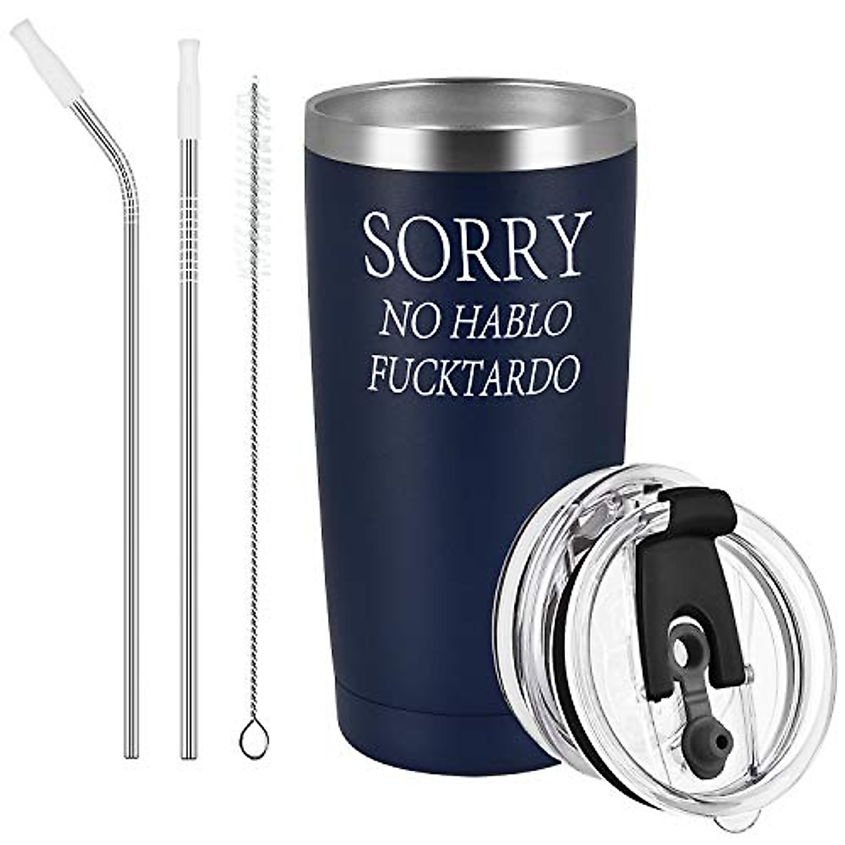 Sorry No Hablo Fuctardo Travel Tumbler Funny Birthday Christmas Gifts for Friends Dad Mom Sister Brother Family Coworkers, 20oz Insulated Stainless Steel Tumbler with Lid and Straw, Navy Blue