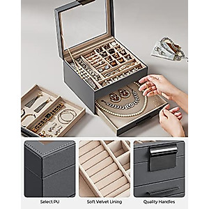 SONGMICS Jewelry Box with Glass Lid, 3-Layer Jewelry Organizer, 2 Drawers, for Big and Small Jewelry, Jewelry Storage, Modern Style, 8 x 9.1 x 5.3 Inches, Interstellar Gray and Silver UJBC239GY