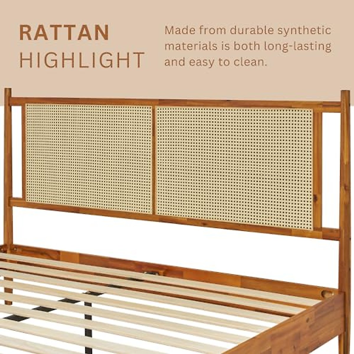 Bme Oliver King Bed Frame and Headboard - 15-Inch Signature Design with Rattan Headboard, Bohemian and Mid Century Style, 12-Slat Wood Support, No Box Spring Needed - Easy Assembly, Caramel
