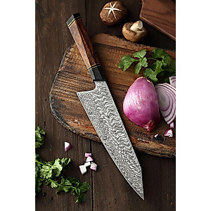 XINZUO 8.5 inch Chef Knife Damascus Steel Hand Forged Kiritsuke Kitchen Knife, Professional Gyuto Knife-Desert Ironwood Handle with Black Walnut Wooden Sheath and Acacia Wooden Box