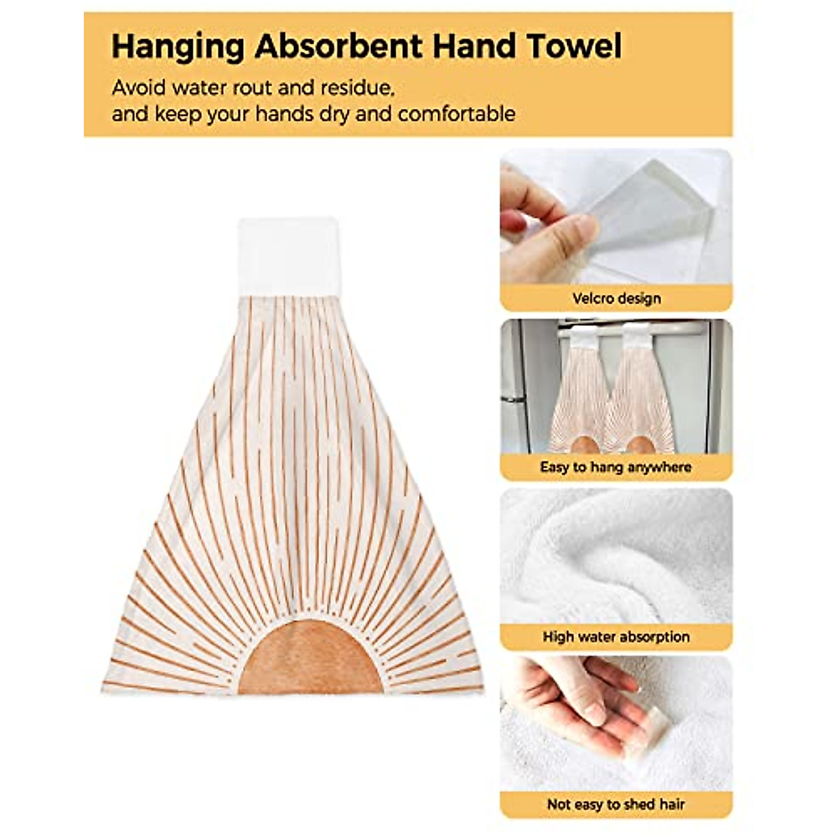 Mid Century Boho Orange Sun Aesthetic Striped Hanging Tie Towel for Kitchen Bathroom, 2 Pack Durable Absorbent Hand Towels Hangable Washing Cloths Home Cleaning Decor Retro Beige