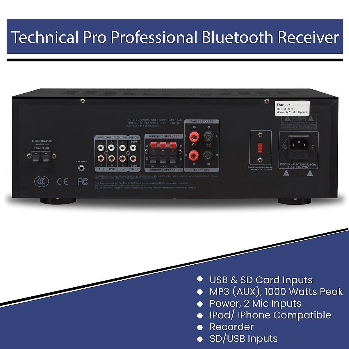Technical Pro Professional 1000 Watts Receiver with USB SD Card Inputs, 2 Mic Inputs, Recorder, and Wireless Remote