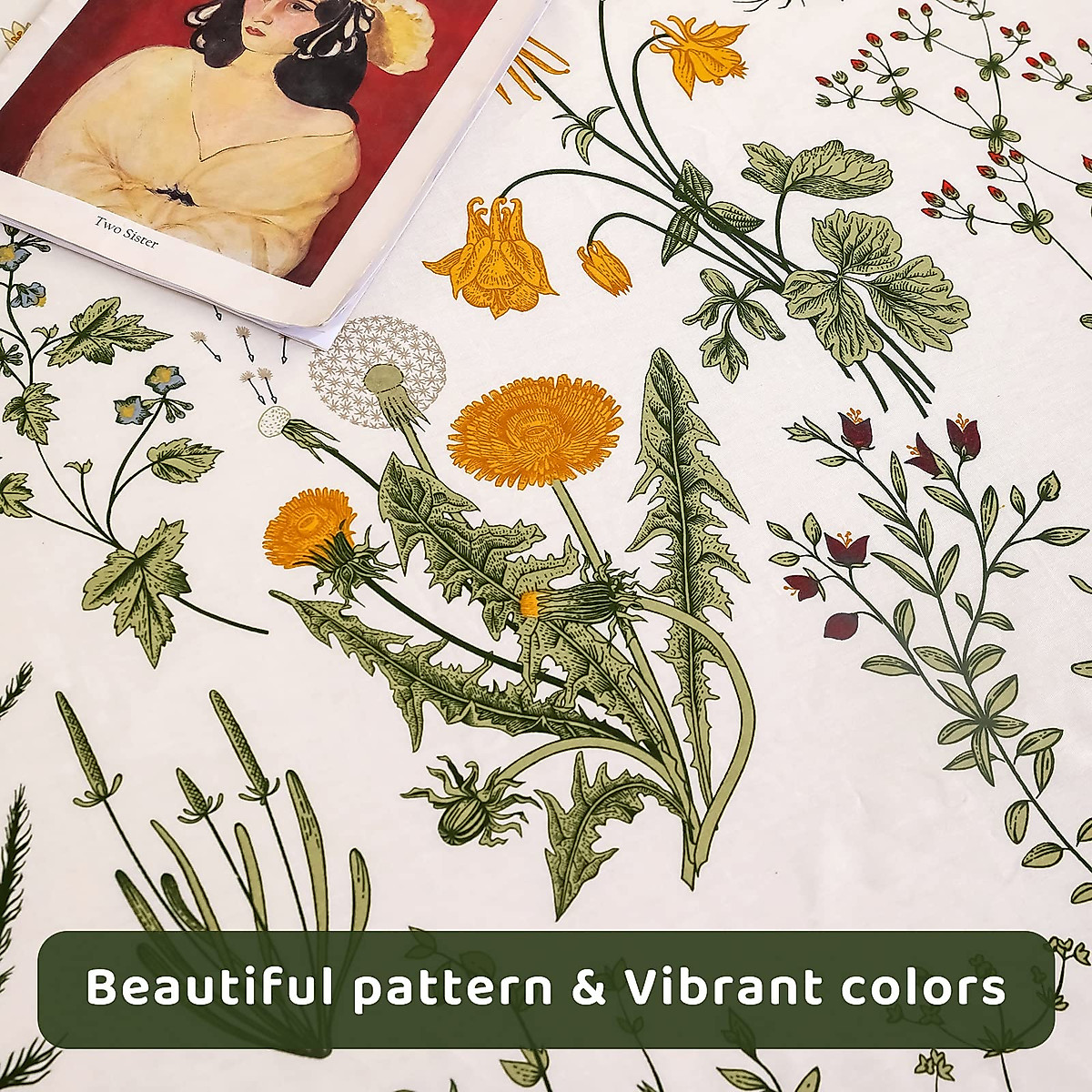 QSH 100% Cotton Sheets for Queen Size Bed, Yellow Flowers Plant Pattern Botanical Luxury Cotton Printed Floral Bedding Sheets Queen Soft and Breathable 4pcs Deep Pocket Queen Sheet Set