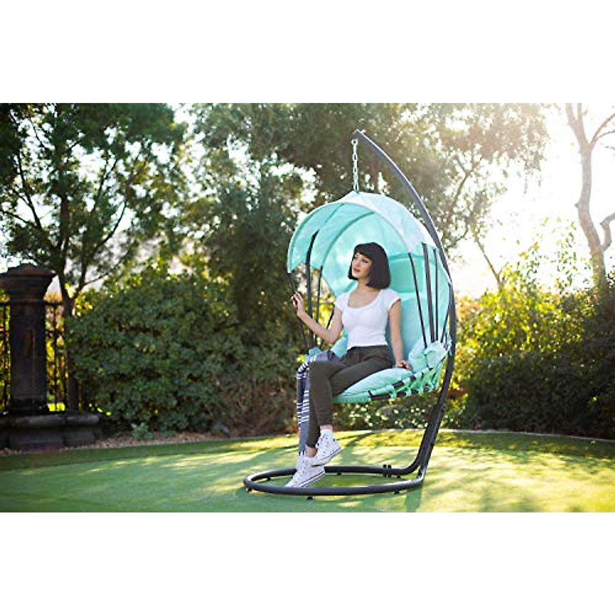 Barton Deluxe Hanging Chair Aqua w/Canopy Sun Shade Deep Cushion Lounge Seating Outdoor Indoor Patio Bedroom Hanging Swinging
