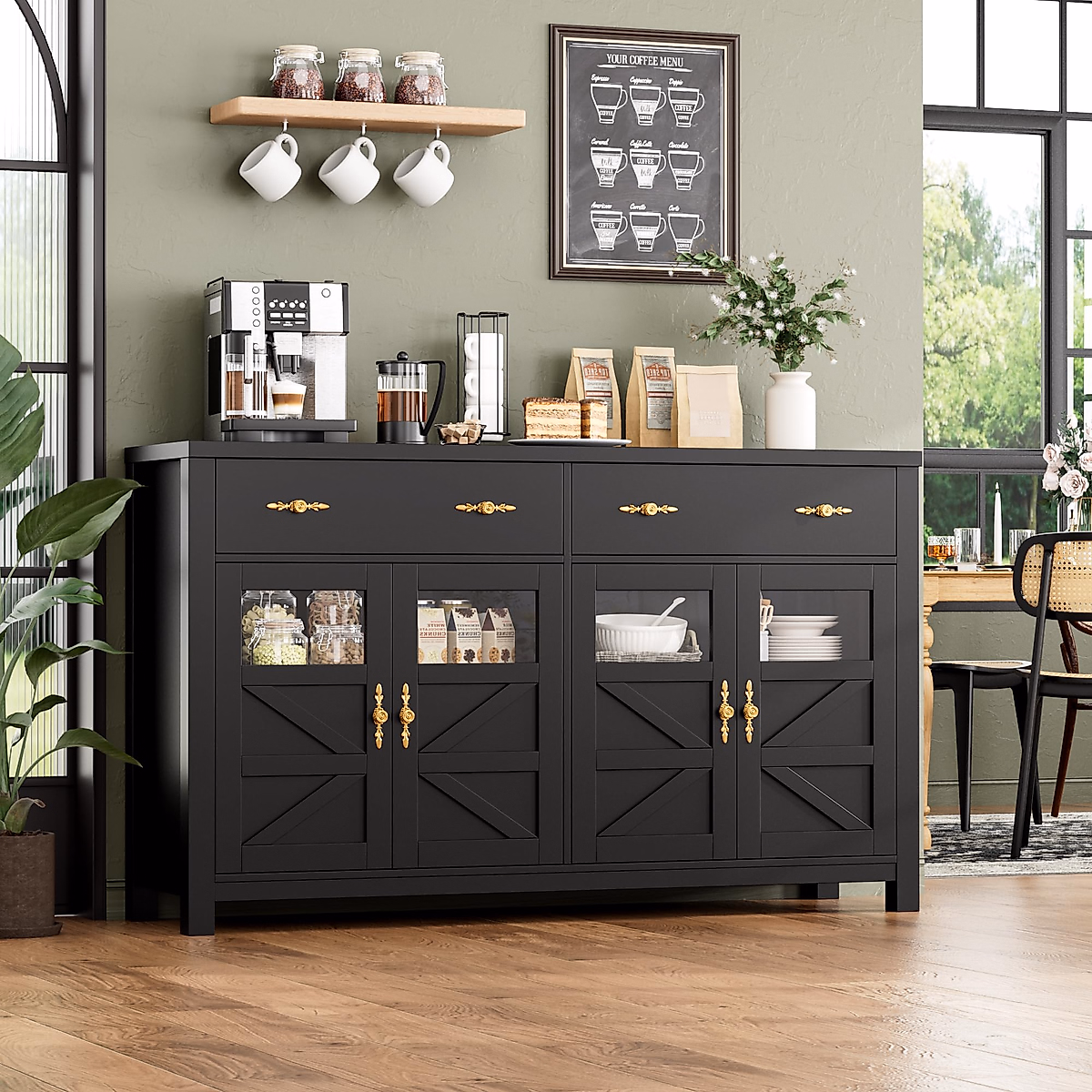 FINETONES Buffet Cabinet with Storage, 55.1" Large Sideboard Buffet Cabinet, Farmhouse Sideboard Kitchen Cabinet with 2 Drawers and 4 Doors, Wood Coffee Bar Cabinet Buffet Table for Kitchen, Black