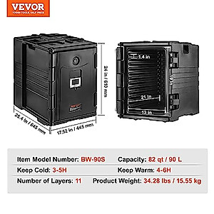 VEVOR Insulated Food Pan Carrier, 82 Qt Hot Box for Catering, LLDPE Food Box Carrier w/Double Buckles, Front Loading Food Warmer w/Handles, Stackable End Loader for Restaurant, Canteen, etc. Black