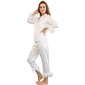Queens Bridal Feather Trim Pajama Set for Women Satin Silk Long Sleeve Top With Pants Sleepwear Button Down S To XXL (White, Small)