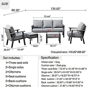 ovios Patio Furniture Set 5 PCS All Weather Outdoor Wicker Rattan Sofa Set with Ottomans High Back Sofa Thick Cushion Garden Backyard Porch (Dark Grey)
