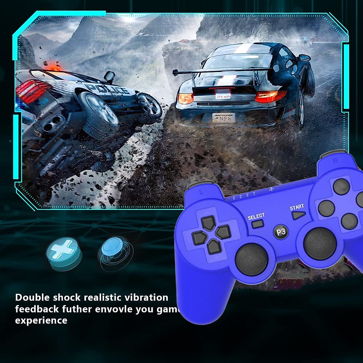 Rzzhgzq 2 Pack PS3 Wireless Controller Playstation 3 Controller Wireless Bluetooth Gamepad with USB Charger Cable for PS3 Console (Black+Blue)