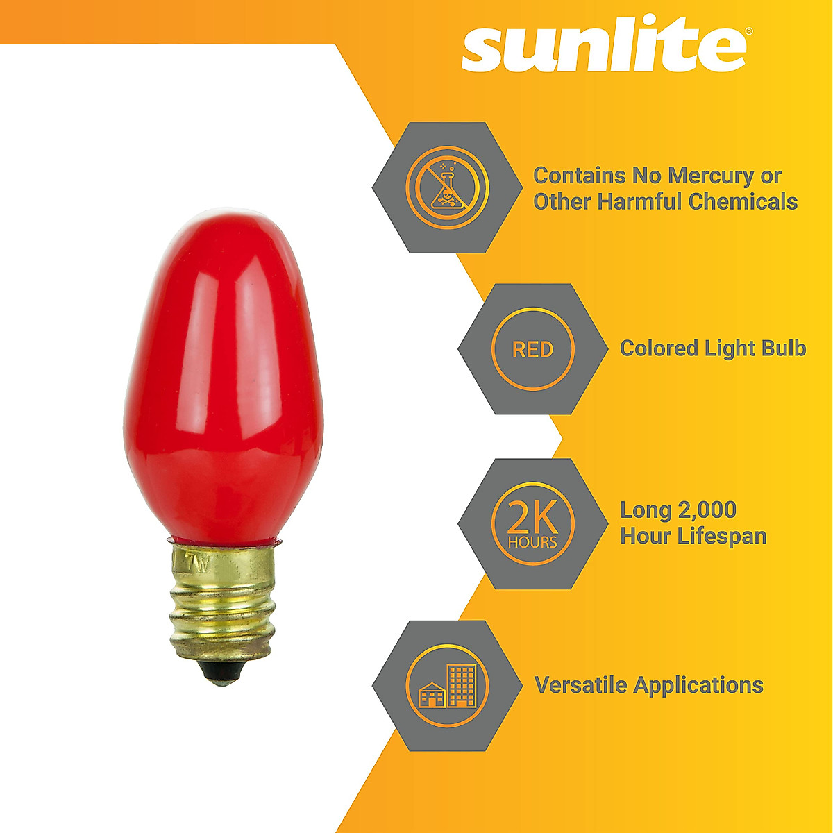 Sunlite 7C7 Incandescent Bulb, 7 Watt, Candelabra E12 Base, C7 Small Night Light, Colored Bulb, Red, 8 Count