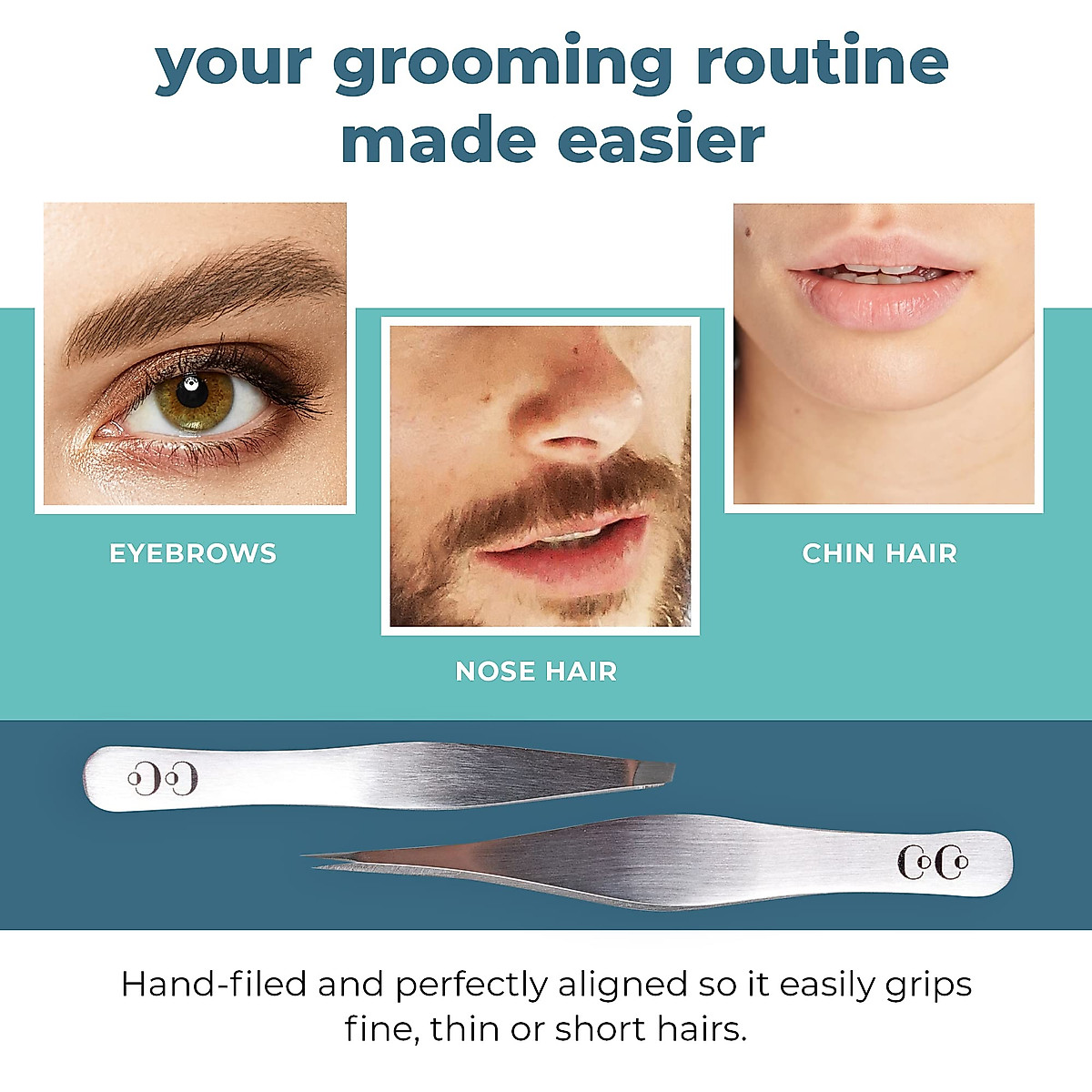 Cocos Tweezers - Surgical Grade Stainless Steel - Slant Tip for Expert Eyebrow Shaping and Facial Hair Removal - with Bonus Protective Pouch - Best Tweezer for Men and Women