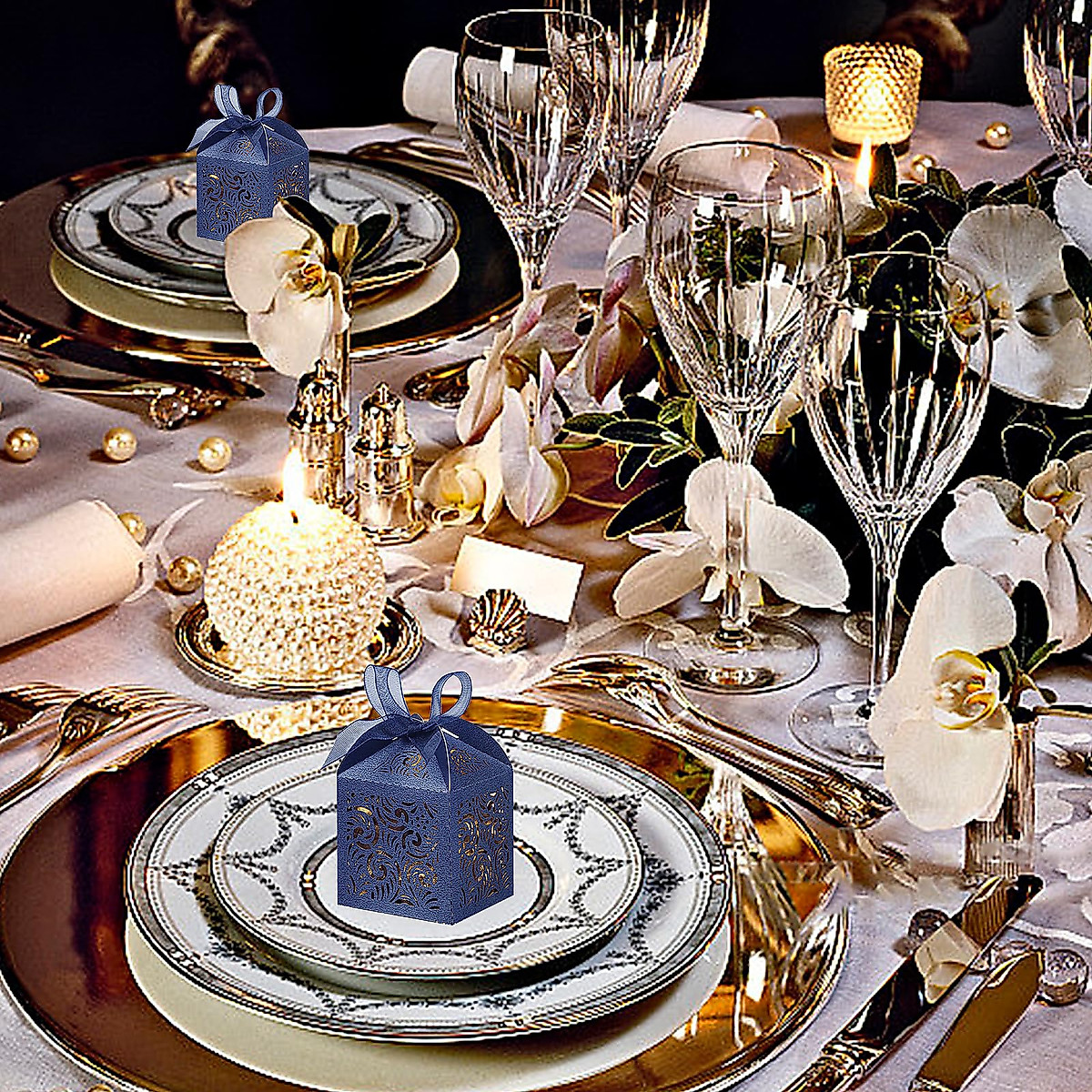 COTOPHER 100Pcs Laser Cut Favor Boxes, 2x2x2.75in Small Gift Boxes for Presents, Party Wedding Favors Boxes with Ribbon, Mini Candy Boxes for Event Bridal Shower Anniversary Birthday Christmas, Navy