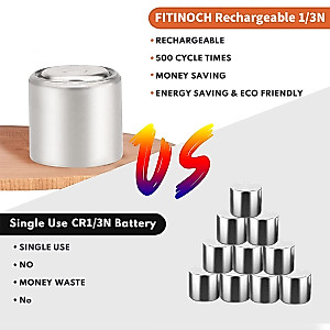 Fitinoch Rechargeable 1/3N Lithium Battery with Charger, CR 1/3N Battery Can Replace 3v DL1/3N CR1/3N Disposable Batteries, 3.7v 45mAh CR-1/3N Battery (8 Pack)